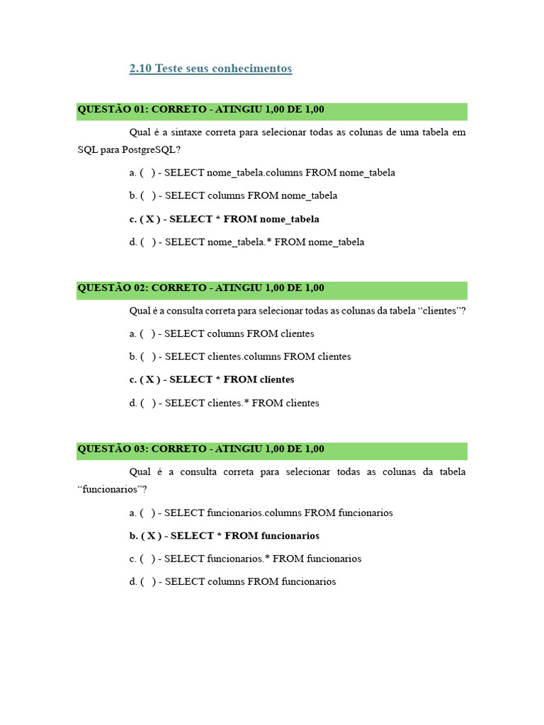 MÓDULO 2-Banco de Dados (SQL) - Teste 2.10 | PDF | SQL | Programação de ...