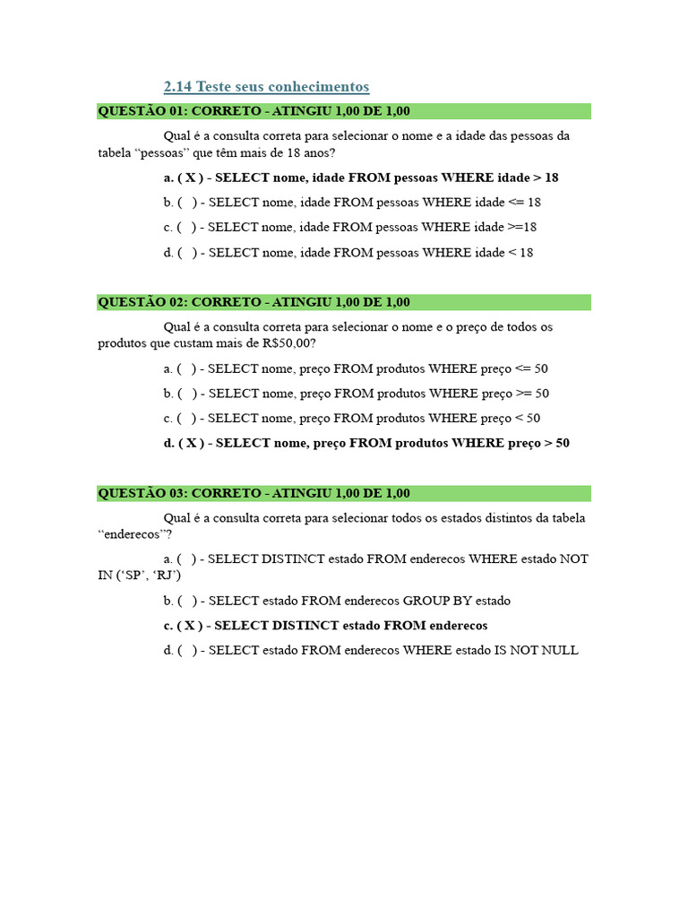 MÓDULO 2-Banco de Dados (SQL)-Teste 2.14 | PDF | Bancos de dados | SQL