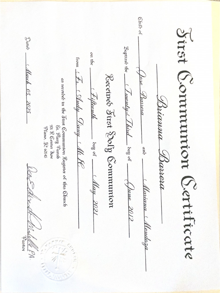 First Communion Certificate | PDF