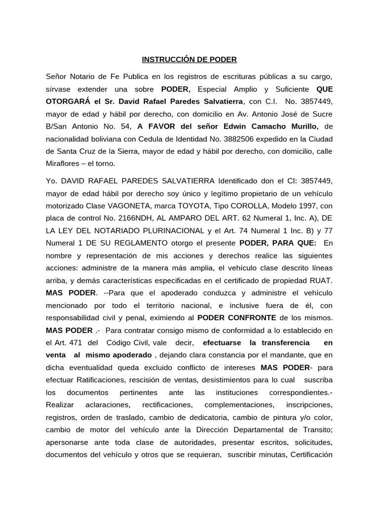 Poder Notarial para Administración de Vehículo | PDF