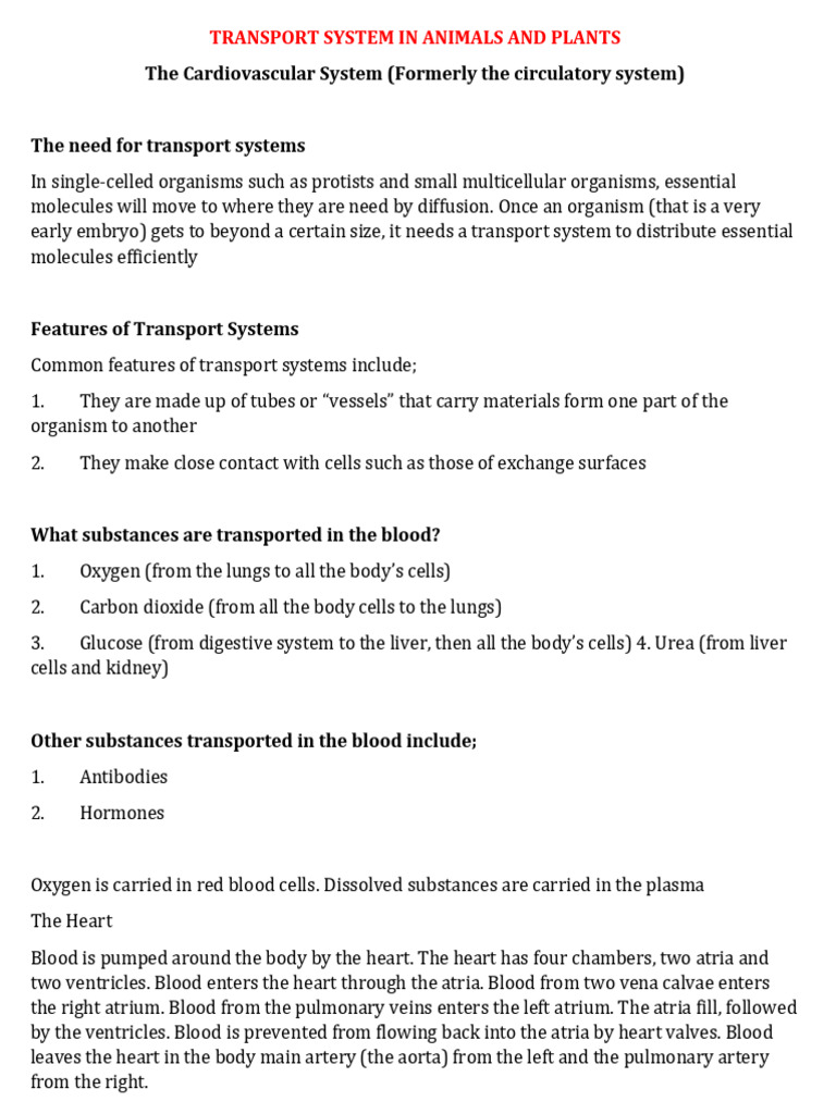 4.0 TRANSPORT SYSTEM IN ANIMALS AND PLANTS - The Cardiovascular System | PDF | Circulatory ...