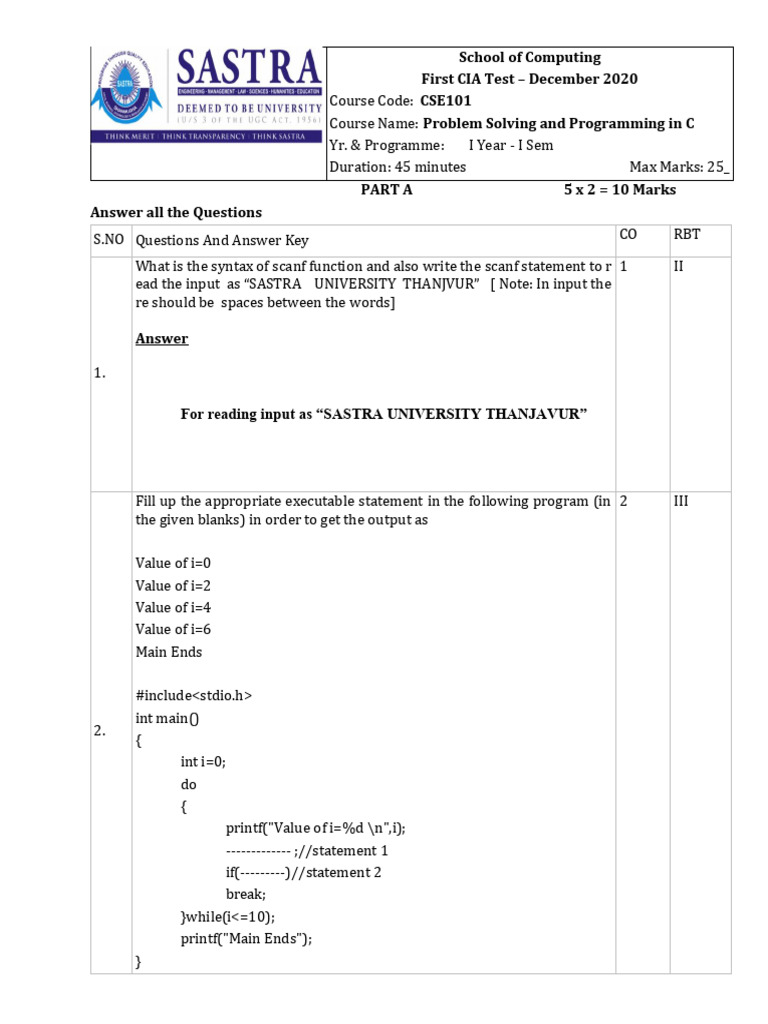 CIA C Programming Test Answers | PDF | Computer Science | Software ...