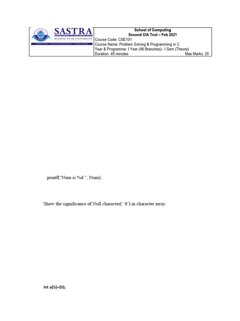 CSE101 Feb 2021 CIA Test Solutions | PDF | Computer Science | Computing