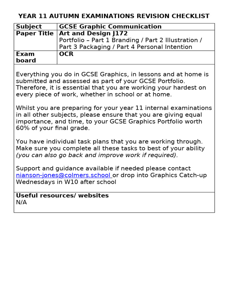 Year 11 Autumn Examination Checklist Graphics | PDF
