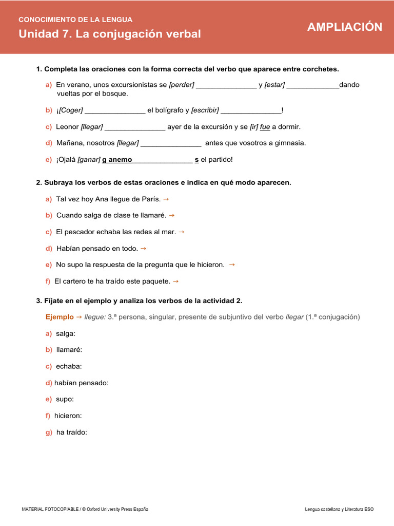 1º ESO. Conjugación verbal. Ampliación. Oxford | PDF | Verbo | Conjugación gramatical
