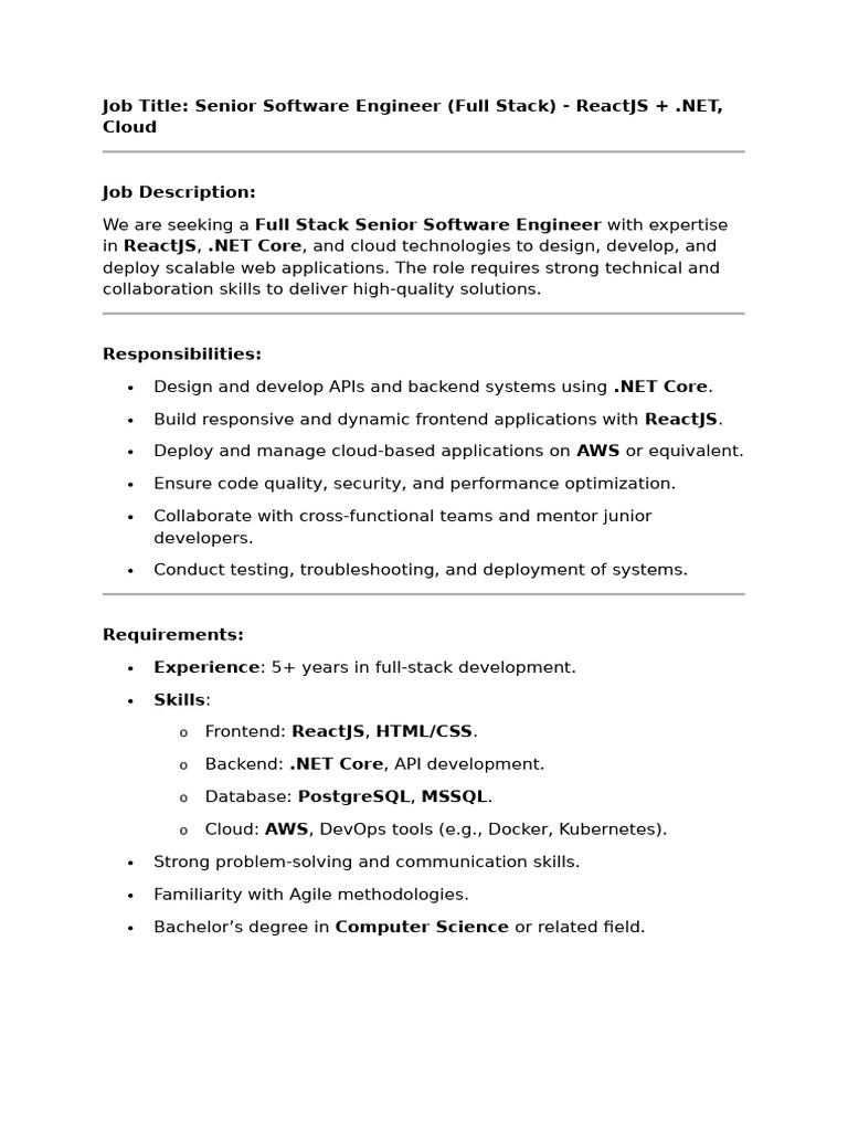 Senior Software Engineer (Full Stack) - ReactJS + .NET, Cloud-5 | PDF