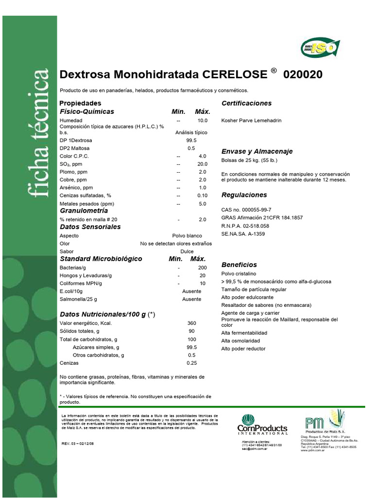 Dextroxa Monohidratada - CERELOSE 020020 - Hoja tecnica | PDF | Química