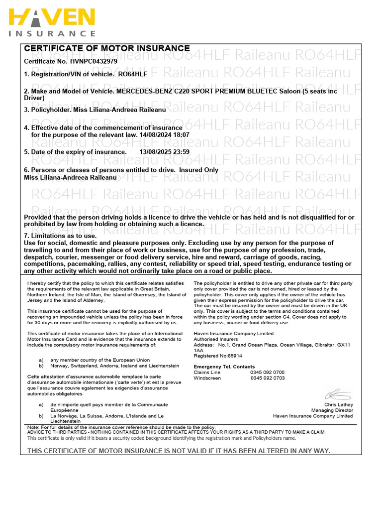 Motor Insurance Certificate for RO64HLF | PDF | Insurance | Vehicle ...