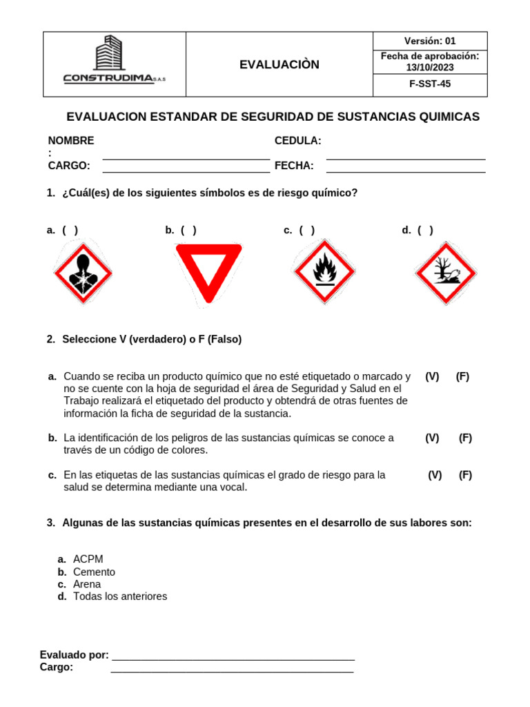 F-SST-45 EVALUACION ESTANDAR DE SEGURIDAD DE SUSTANCIAS QUIMICAS | PDF