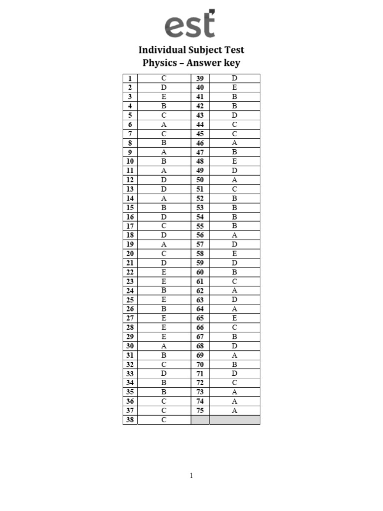 EST 2 Physics Answer Key - Test Sample | PDF | Physics | Physical Sciences