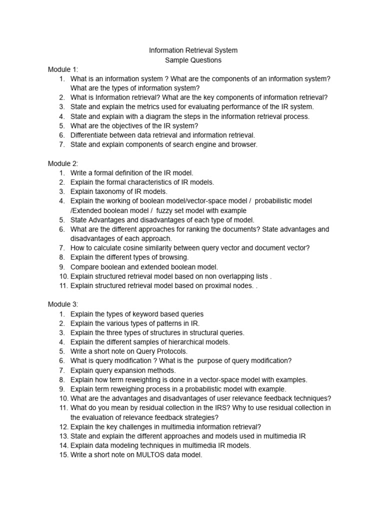 IRS Module 1-3 Sample Questions.docx | PDF | Information Retrieval | Information Science