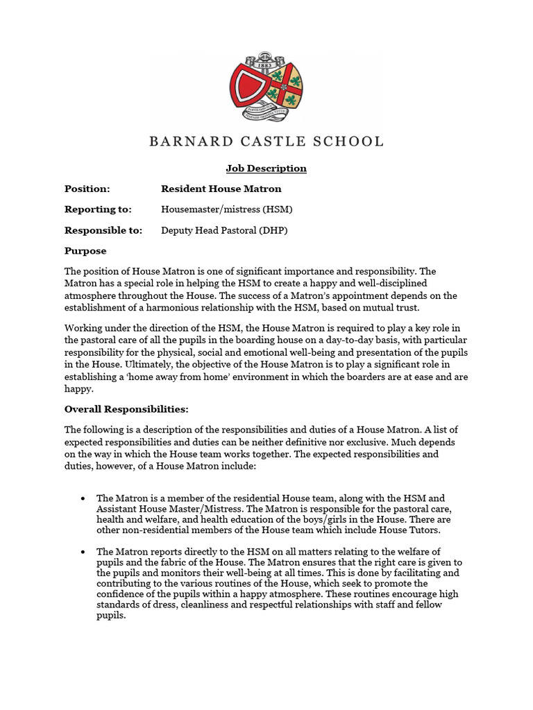 Resident Matron Job Description Sep 18 | PDF | Fire Safety
