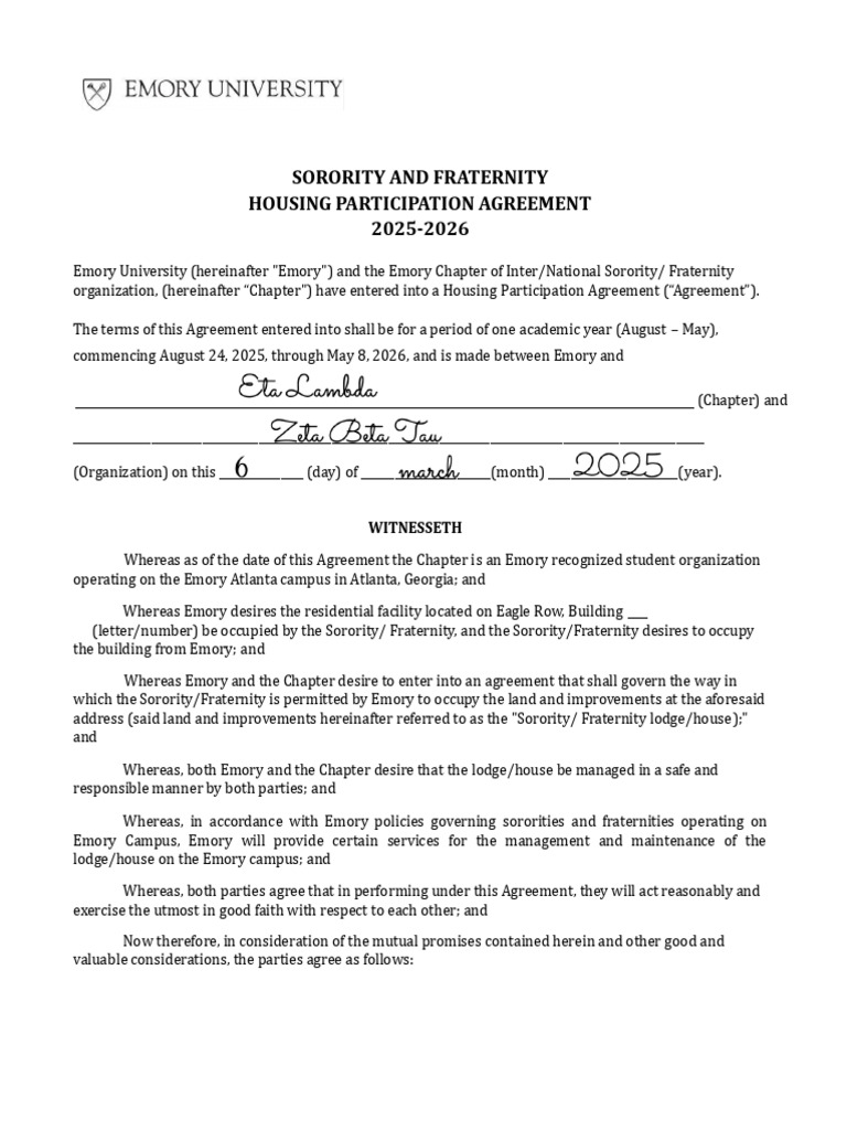 Emory Sorority/Fraternity Housing Agreement | PDF | Fraternities And ...