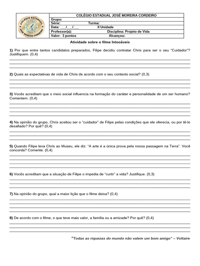 Atividade Sobre o Filme INTOCÁVEIS | PDF