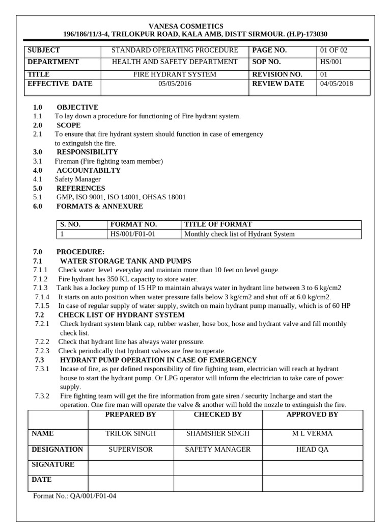 1 - SOP For Fire Hydrant System | PDF