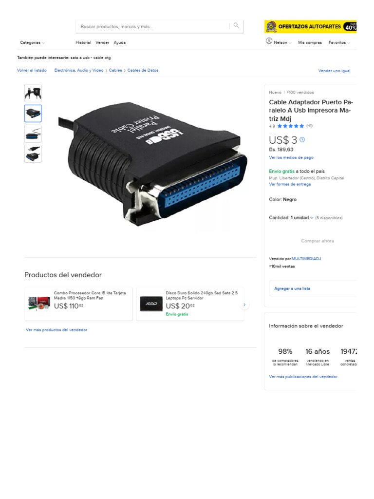 Cable Adaptador Puerto Paralelo A Usb Impresora Matriz Mdj ...
