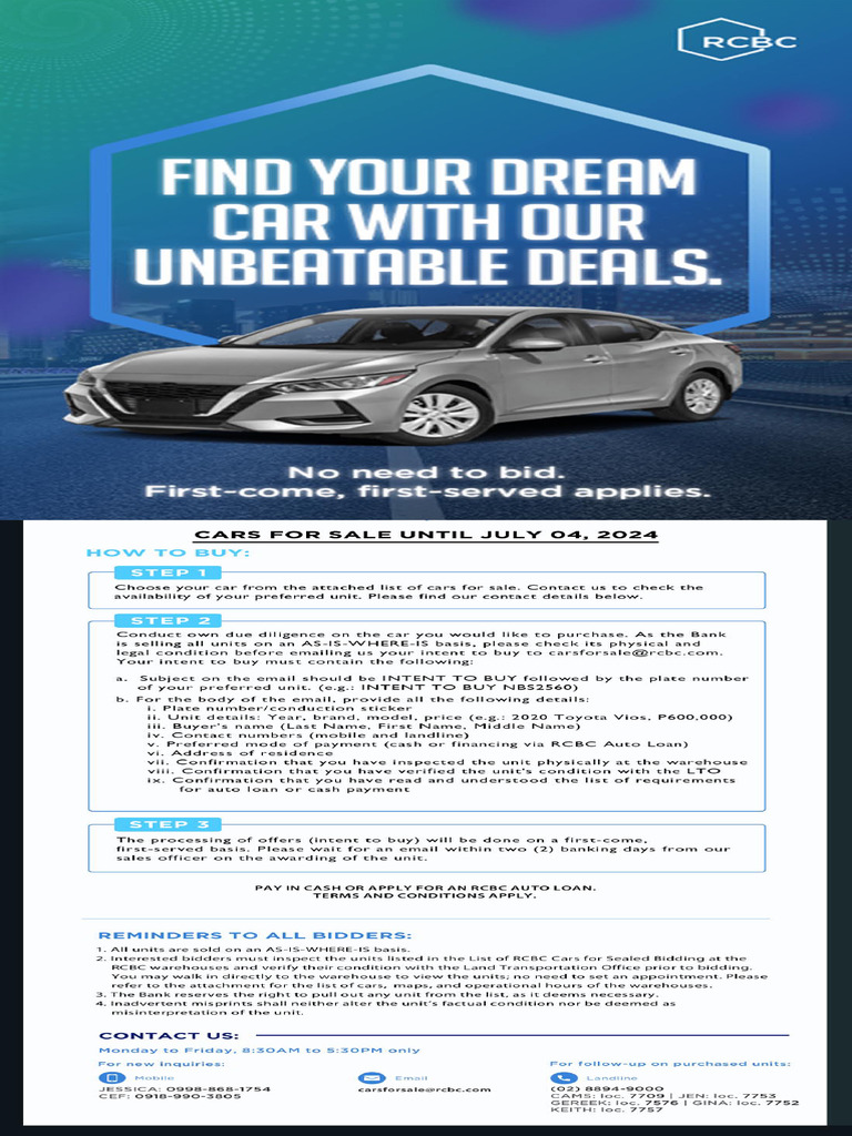 RCBC Cars For Sale No Bid Required Car As of July 1 | PDF | Car ...