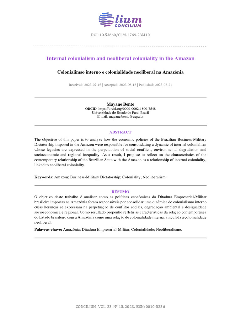 Internal Colonialism and Neoliberal Coloniality in The Amazon | PDF ...