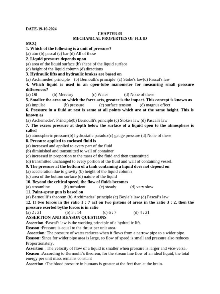 Class Xi Physics CH 9 Worksheet | PDF | Pressure | Fluid Dynamics