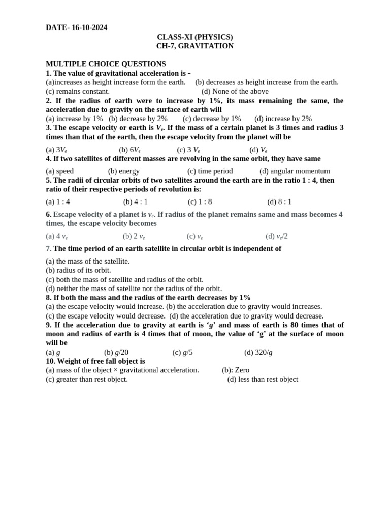 Gravitational MCQs for Class XI Physics | PDF