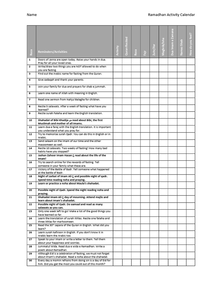 2025 ramzan activity chart | PDF | Islamic Jurisprudence | Prayer