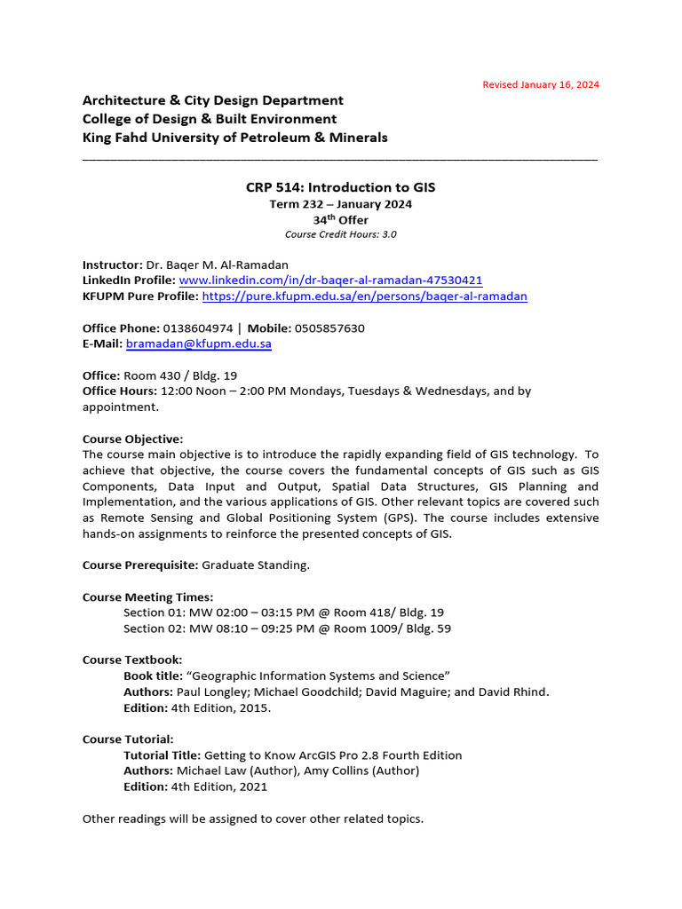 CRP514 Syllabus Term 232 16.01.2024 Revised | PDF | Geographic Information System | Arc Gis