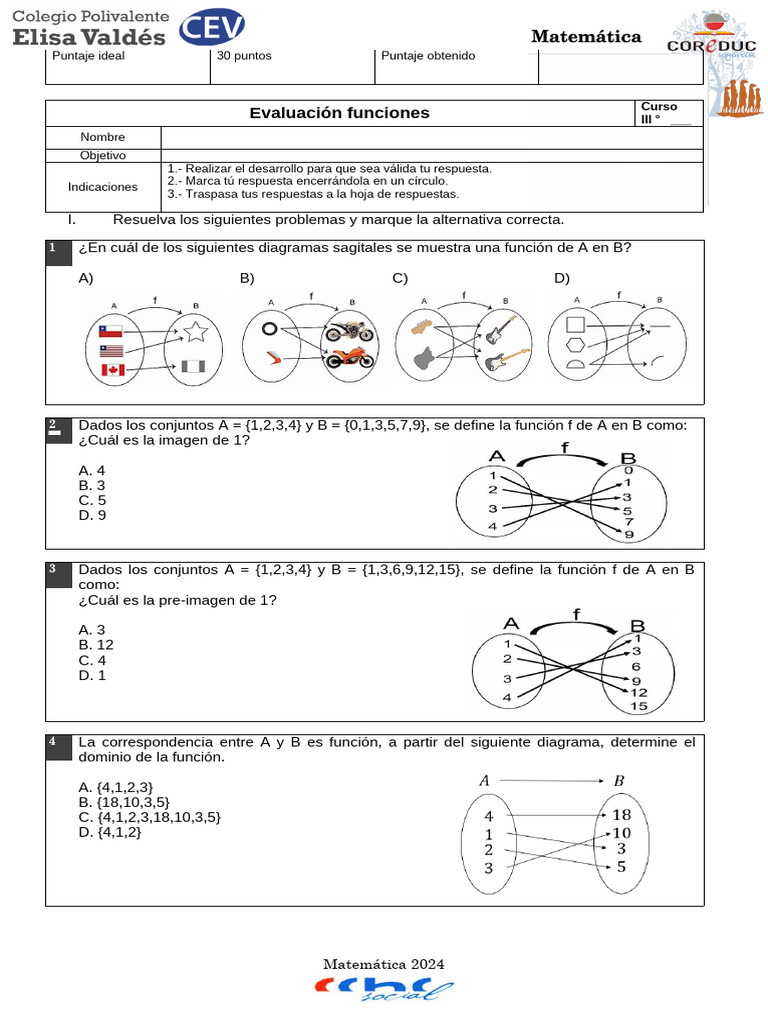 Prueba Funciones III° | PDF | Función (Matemáticas) | Matemáticas