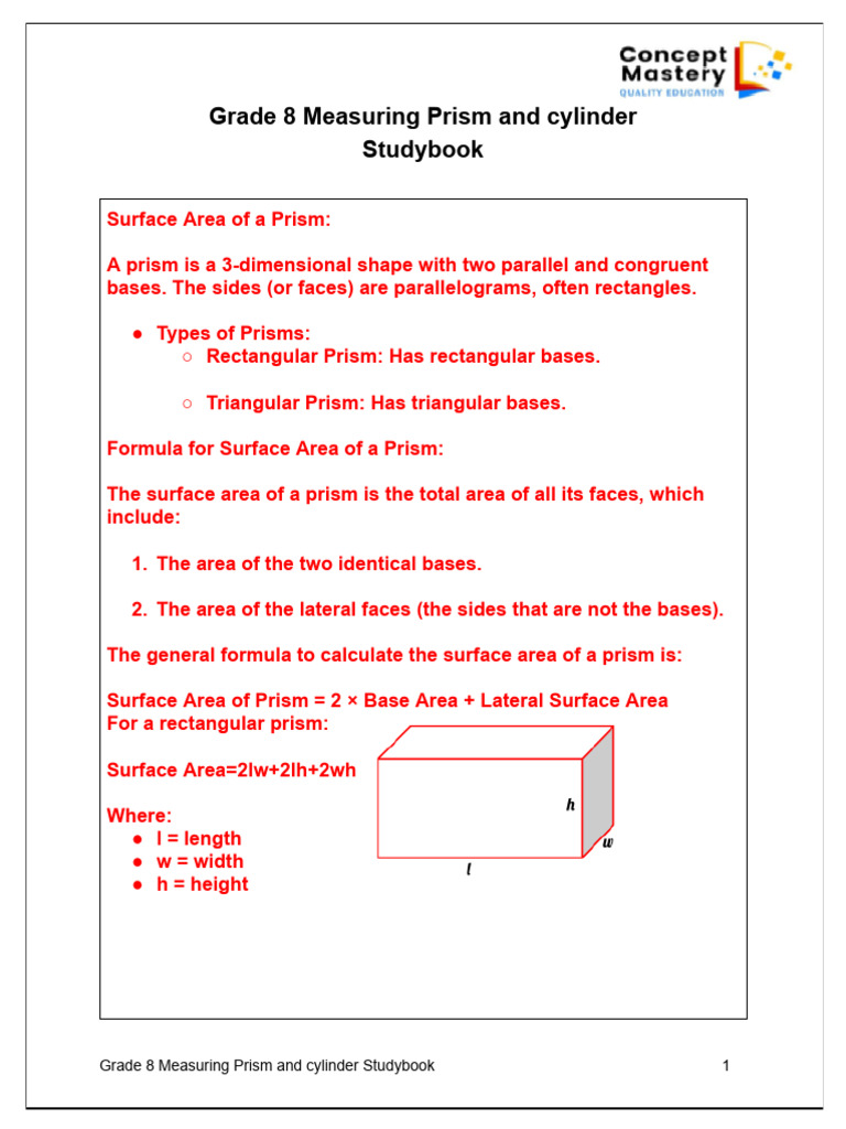 Grade 8 Measuring Prism and Cylinder Studybook | PDF | Area | Volume