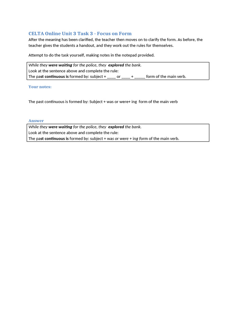 CELTA Online Unit 3 Task 3 - Focus On Form | PDF