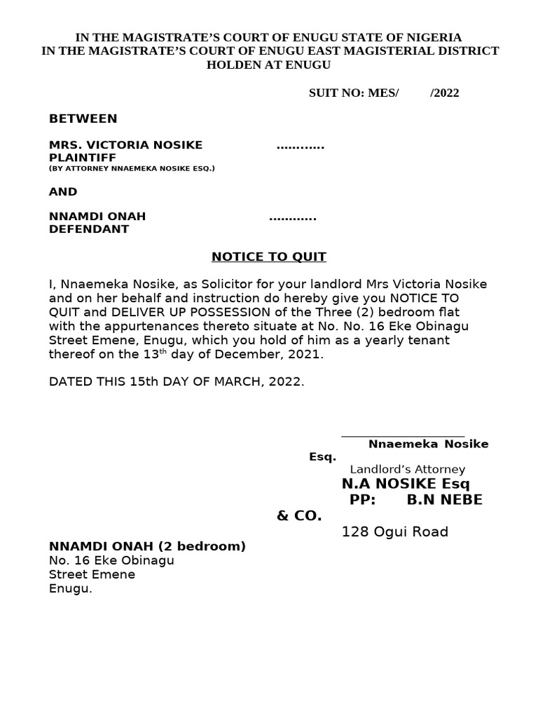 Notice To Quit Nosike | PDF