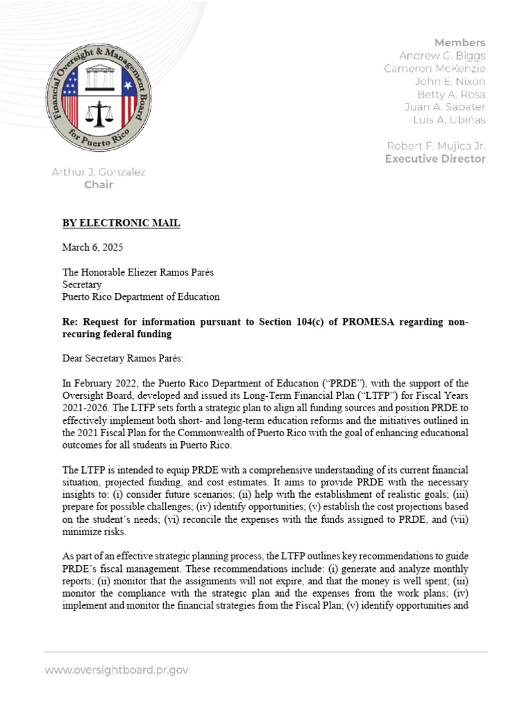 FOMB - Letter - PRDE - RFI Financial Plan - March 6, 2025 | PDF | Economies