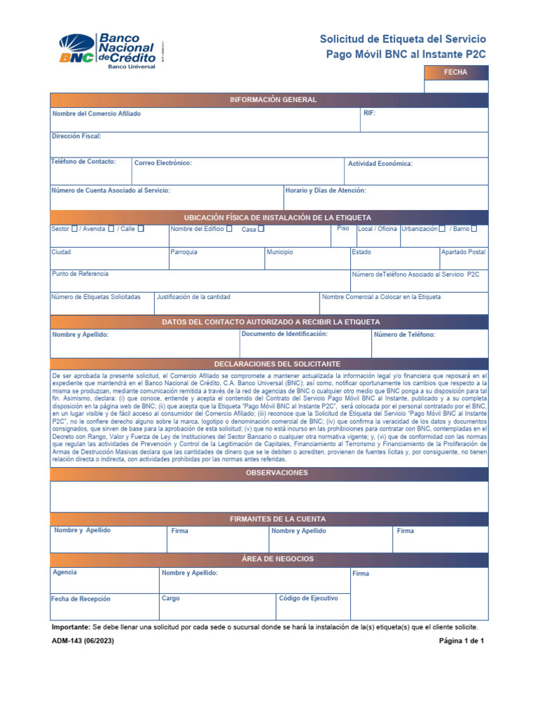 ADM-143 Solicitud de Etiqueta Del Servicio Pago Movil BNC Al Instante P2C - (Rev062023) HOTEL ...