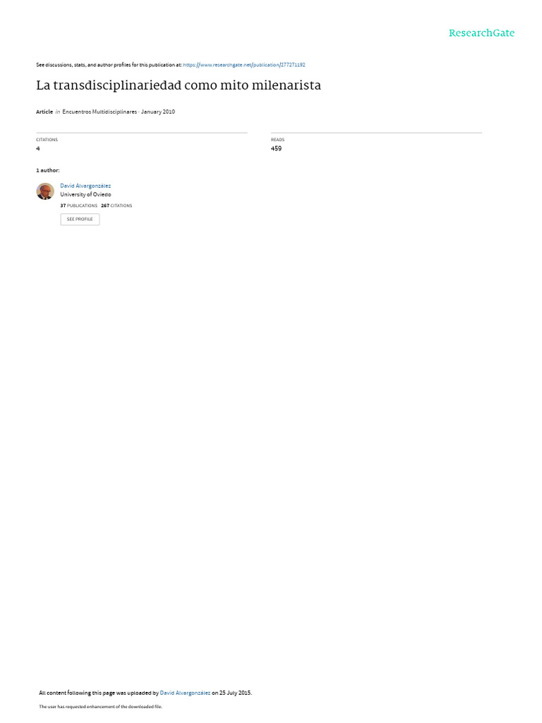 Alvarogonzález 2010 La Transdisciplinariedad Como Mito Milenarista | PDF | Sicología | Science