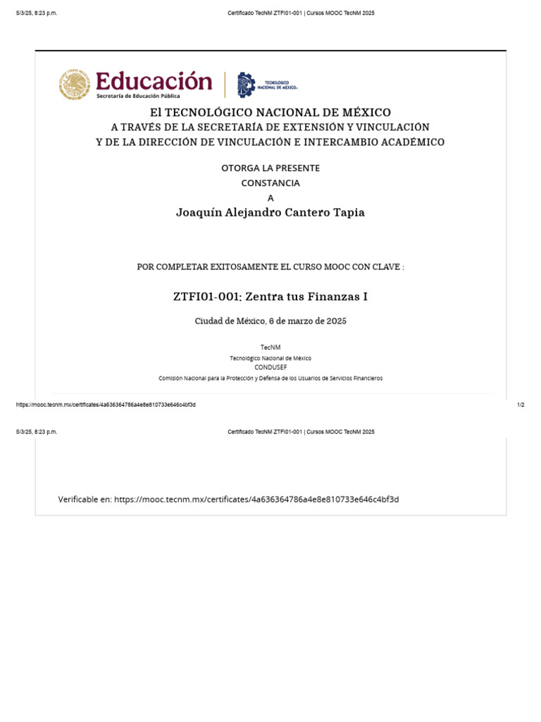Certificado TecNM ZTFI01-001 - Cursos MOOC TecNM 2025 | PDF