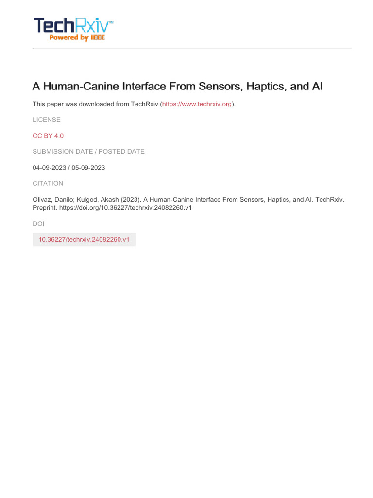 Human Canine Sensor Haptics Interface | PDF | Perception | Embodied Cognition