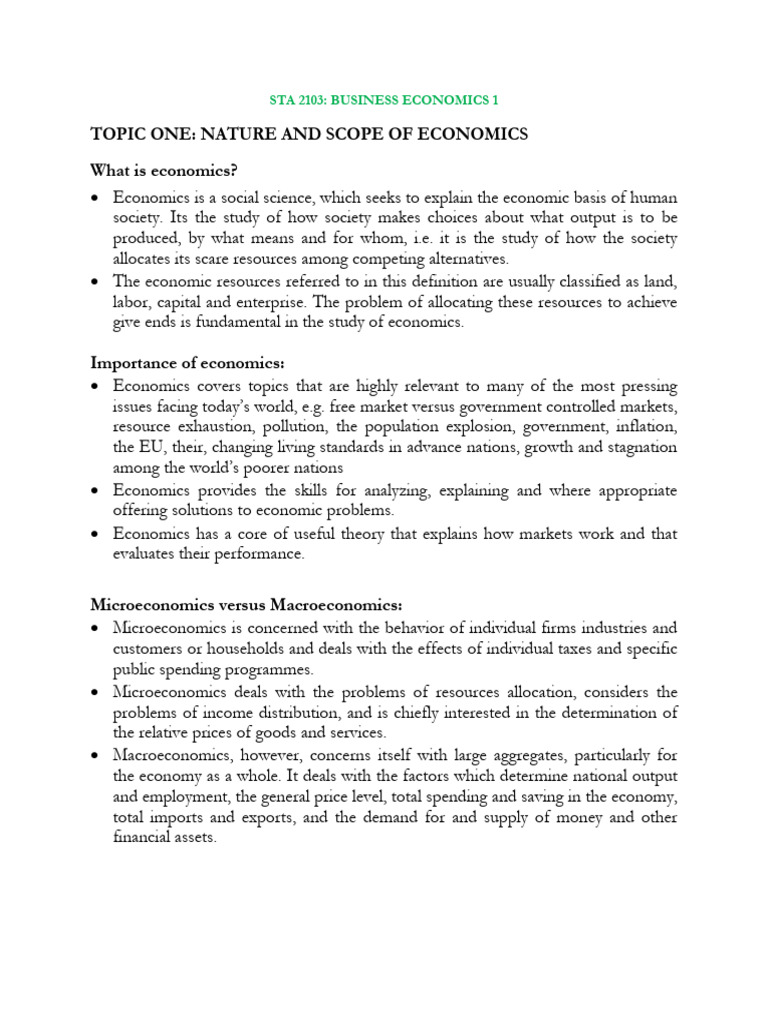 TOPIC ONE Nature and Scope of Economics | PDF | Economics | Market ...