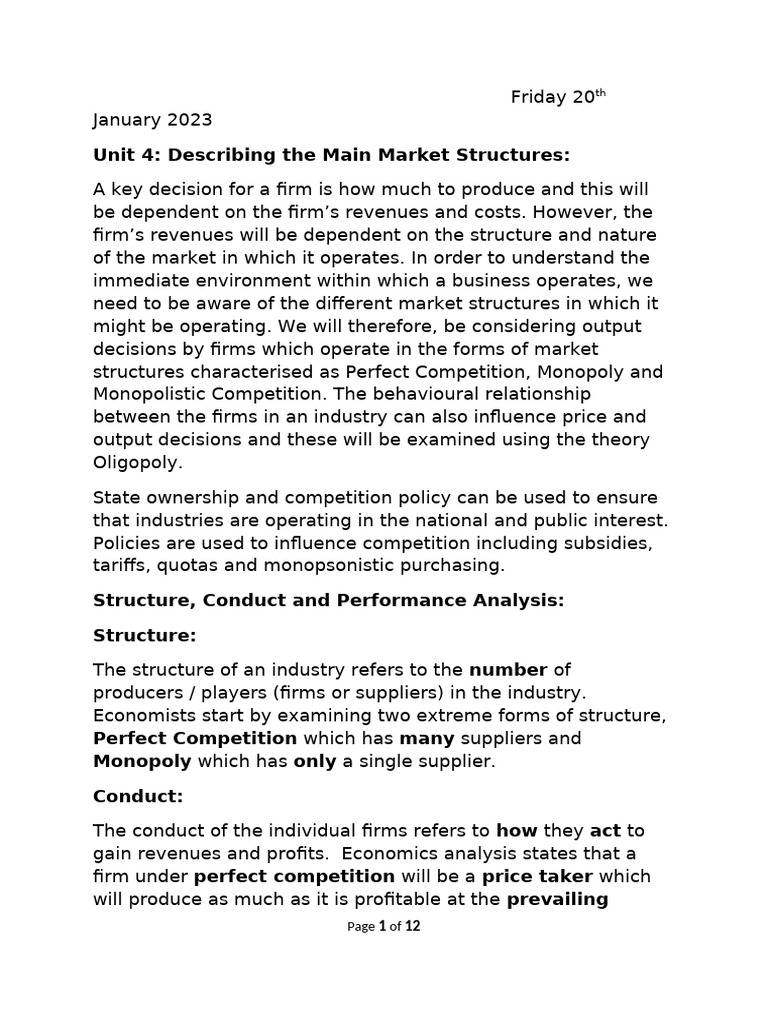 Unit 4 - Describing The Main Market Structures | PDF | Monopoly ...