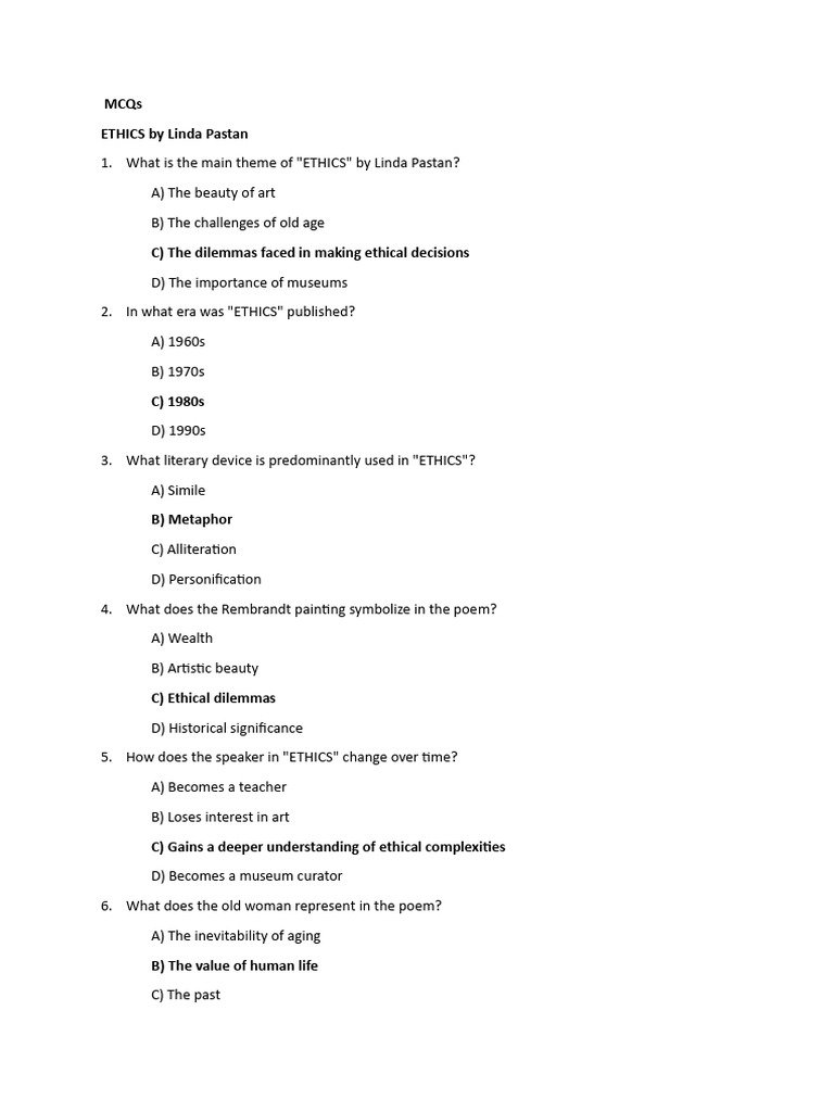 Ethics Poem MCQs by Linda Pastan | PDF