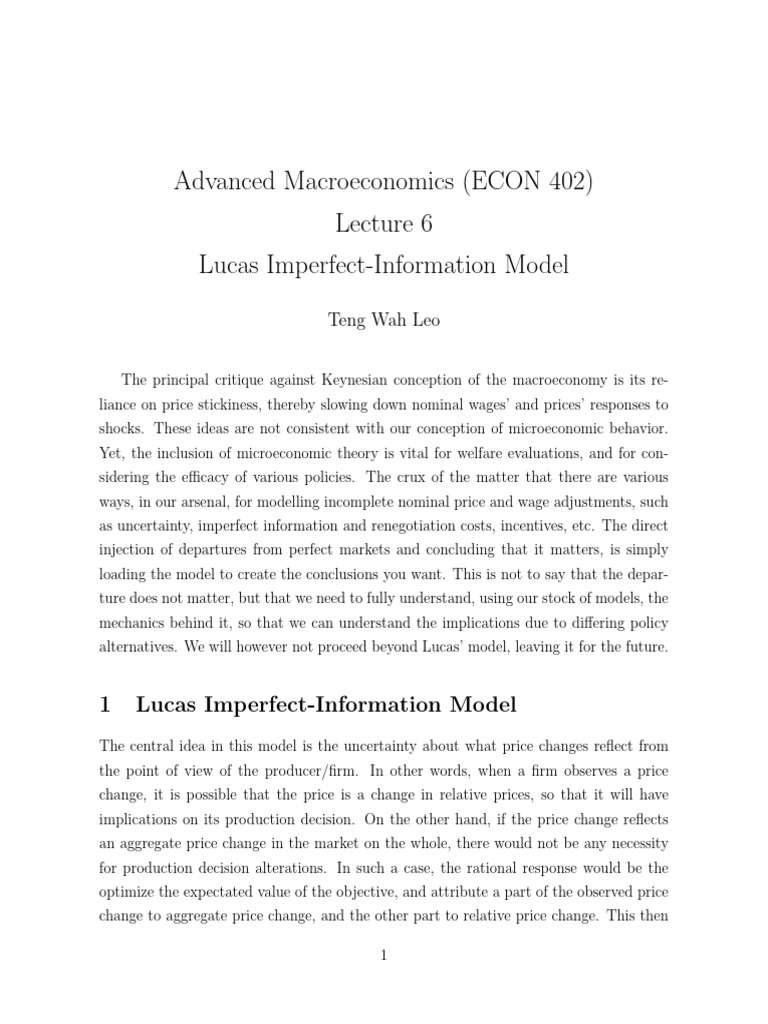 Lucas Imperfect-Information Model (Teng Wah Leo) +++ | PDF | Demand | Macroeconomics