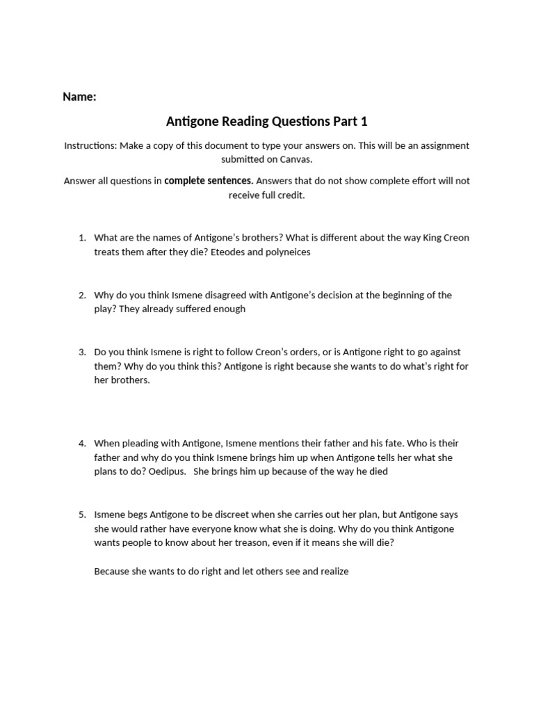 Antigone Scene 1 Reading Questions | PDF