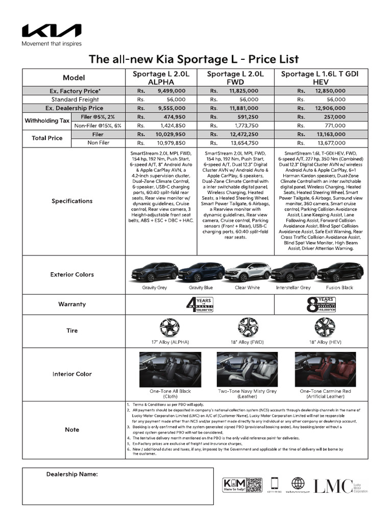 Kia Sportage L - Dealer Price List | PDF