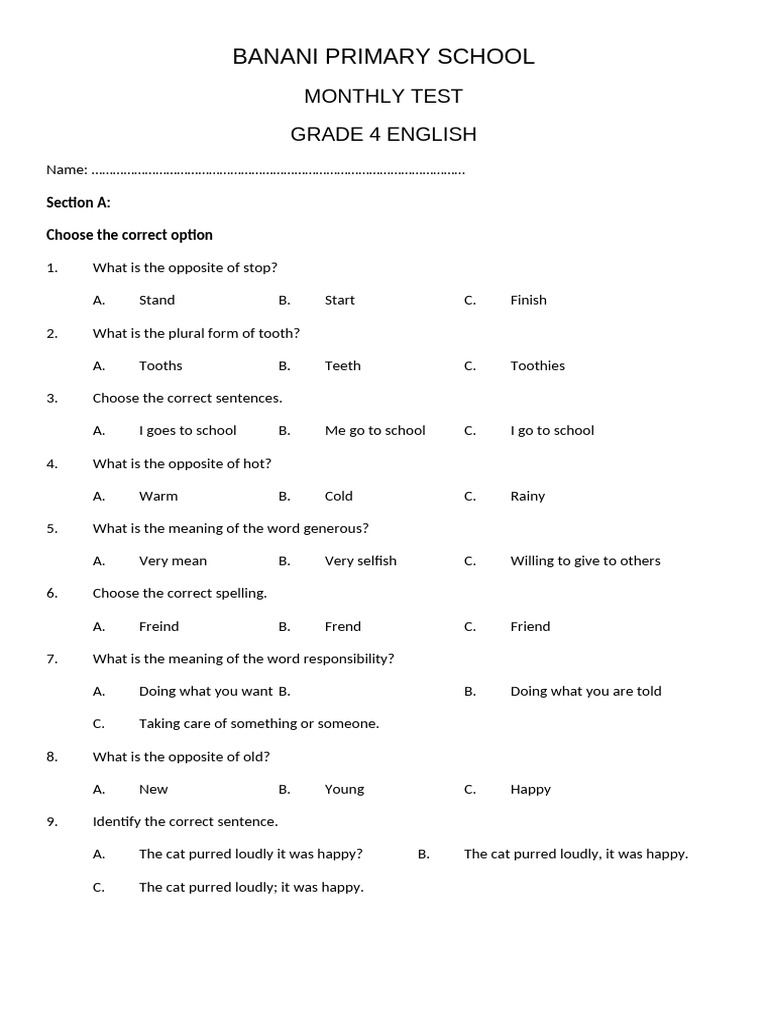 English Test Term 2 Grade 4 | PDF | Penguin | Feather