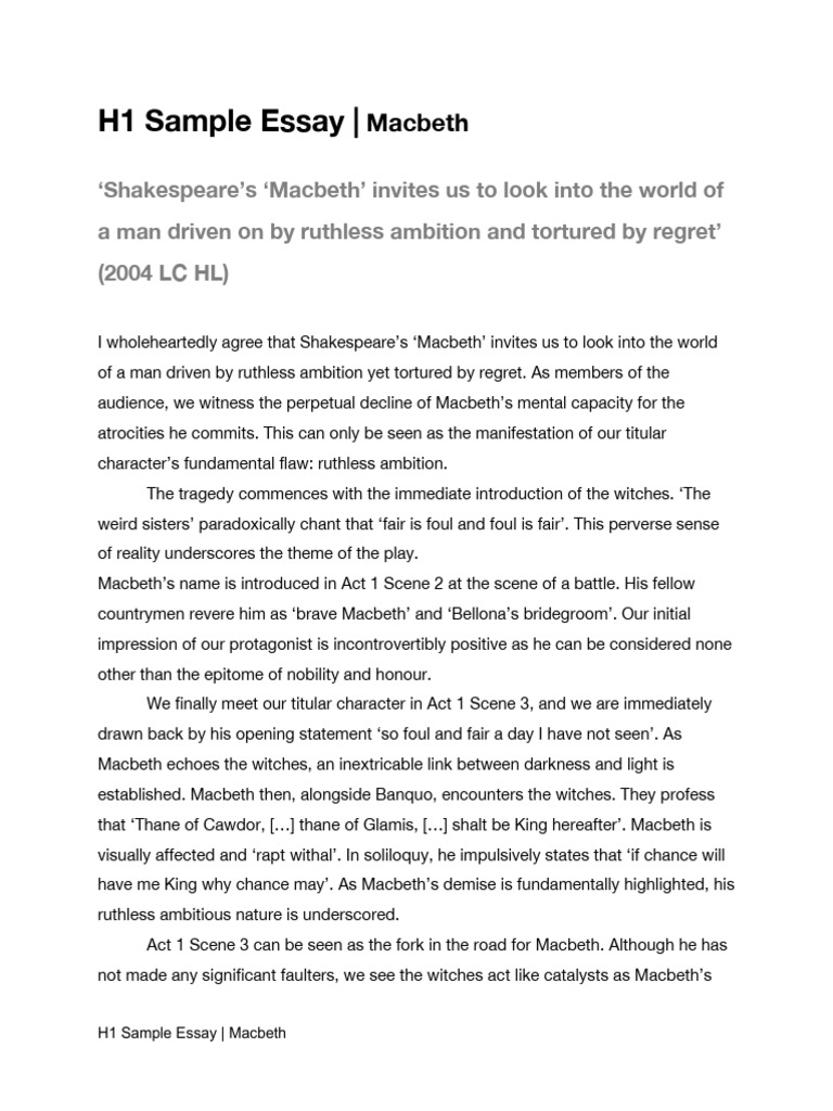 H1 Sample Essay - : Macbeth | PDF | Macbeth | Shakespearean Tragedies