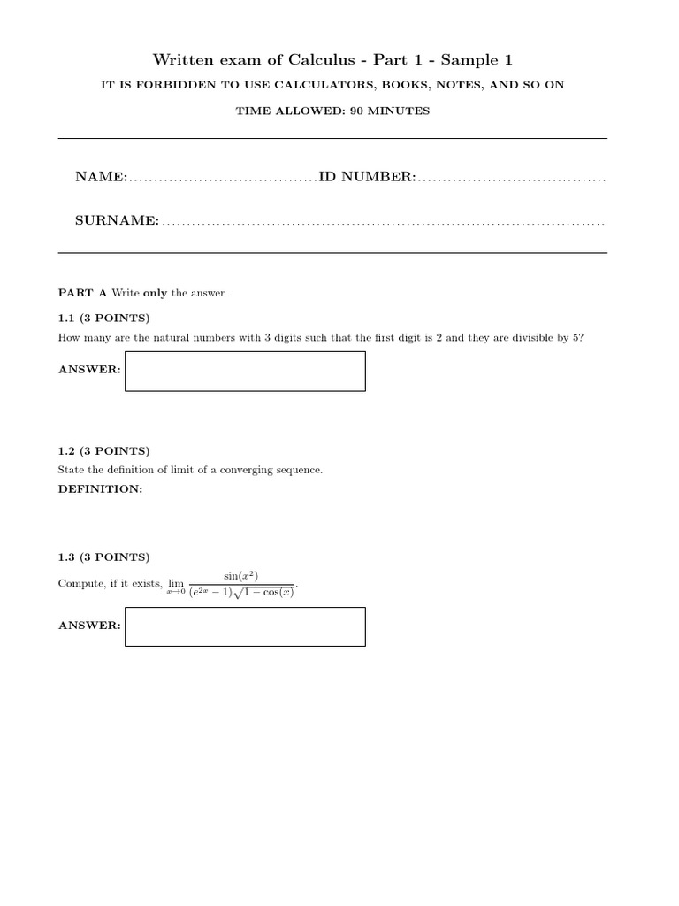 Calculus Exam Sample Questions Part 1 | PDF