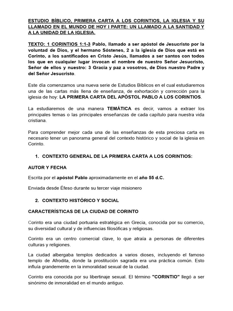 Primera Carta a los Corintios: Santidad y Unidad | PDF | Primera ...