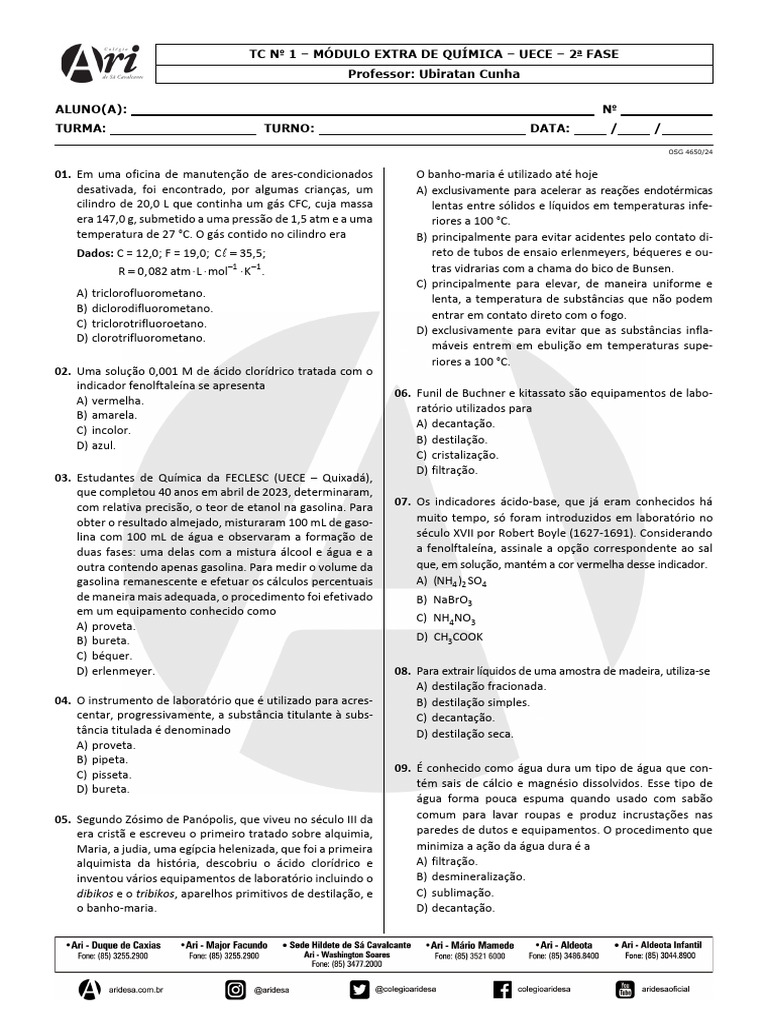 TC #1 - Módulo Extra de Quimica - Uece - 2 Fase | PDF | Mol (unidade ...