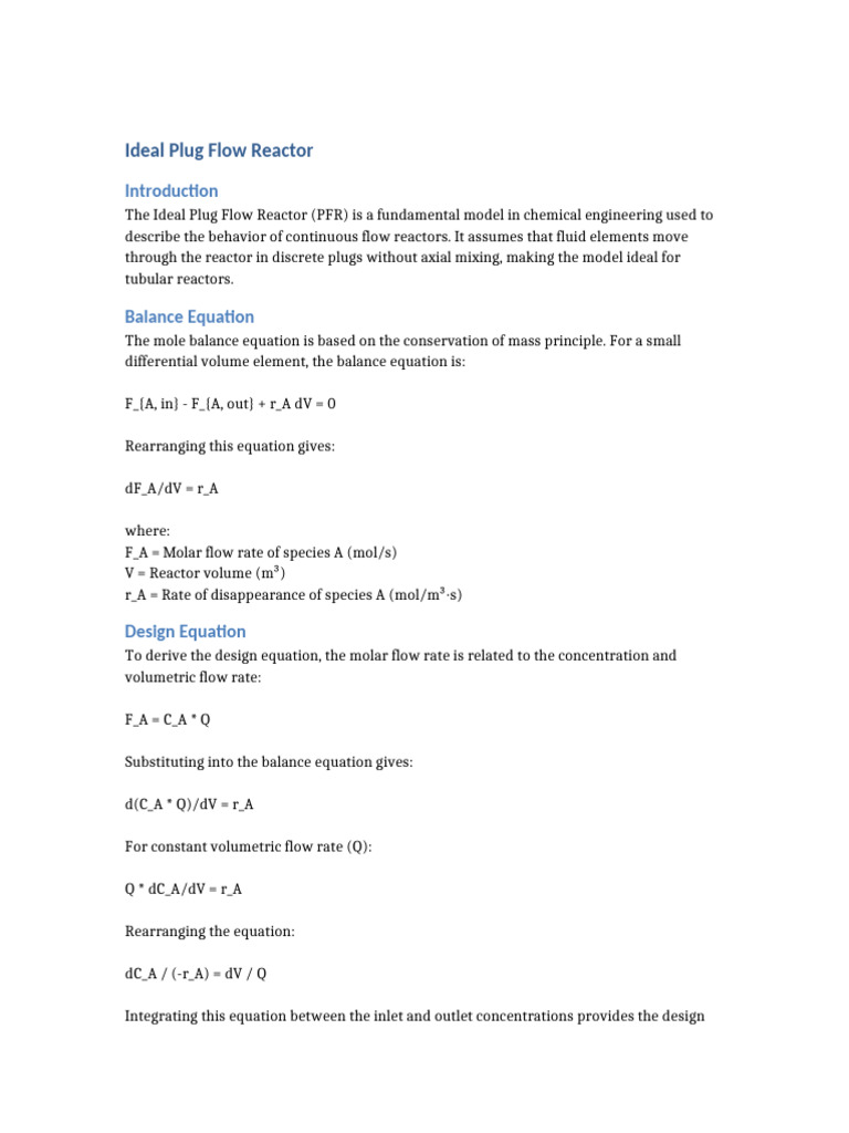 Design Equation for Ideal PFR | PDF