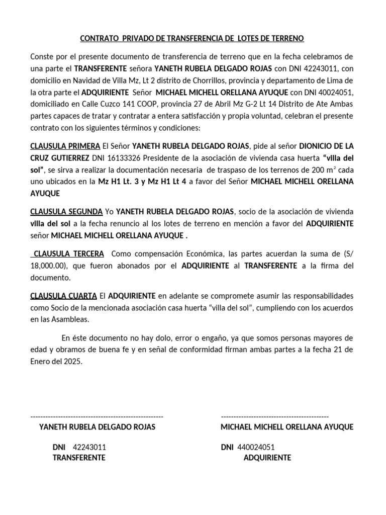 Contrato Privado de Traspaso de Un Lote de Terreno Yaneth | PDF