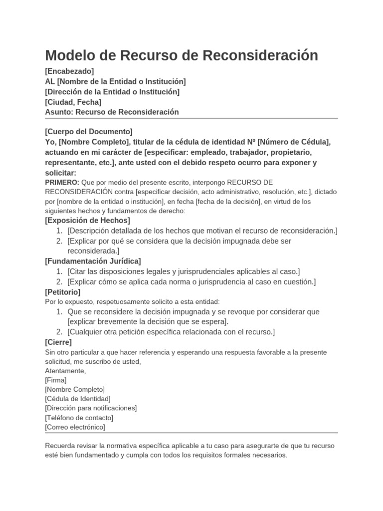 Modelo de Recurso de Reconsideración. | PDF