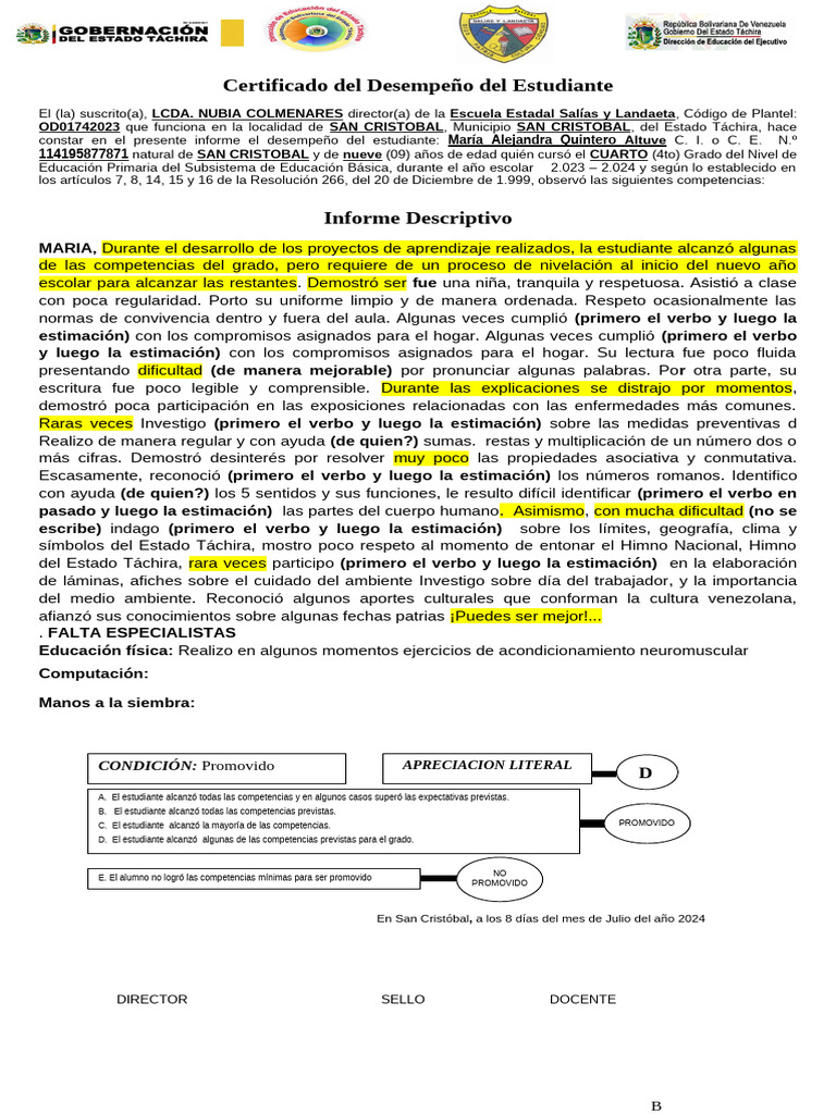 Informes Descriptivo Final 4to (Revisados Por Direccion 3 Julio) | PDF ...